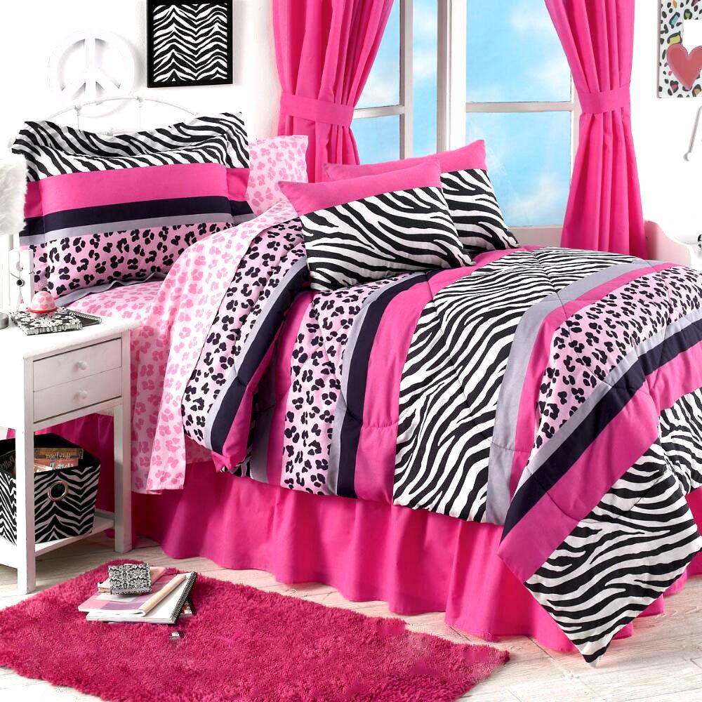 Teen Girls 6pc Jungle Queen Pink & Black Safari Zebra Leopard Comforter ...